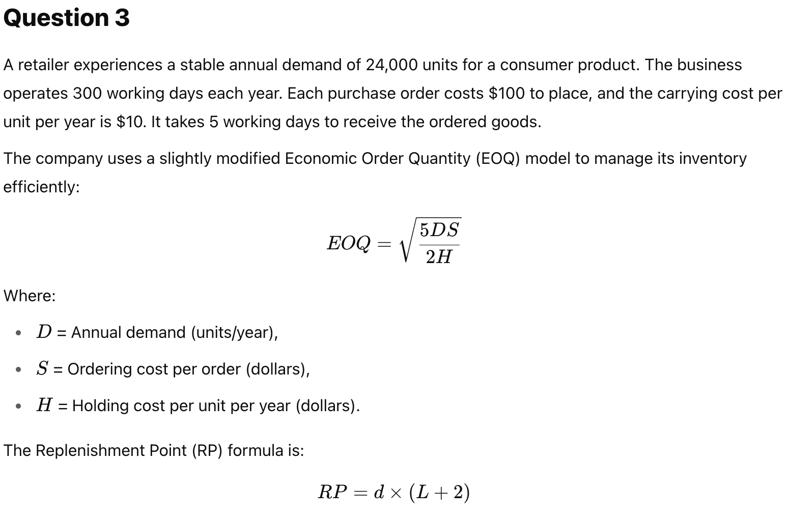 Solved Determine EOQ, Daily Usage, Reorder Timing, and | Chegg.com