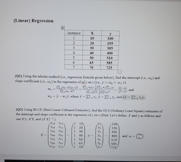 Solved (Linear) Regression instance OWN y 100 195 305 400 | Chegg.com