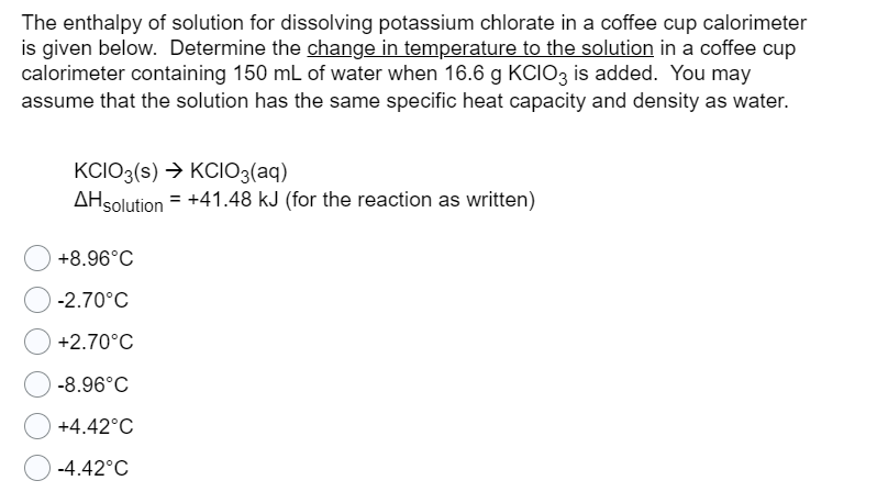 Solved The enthalpy of solution for dissolving potassium | Chegg.com