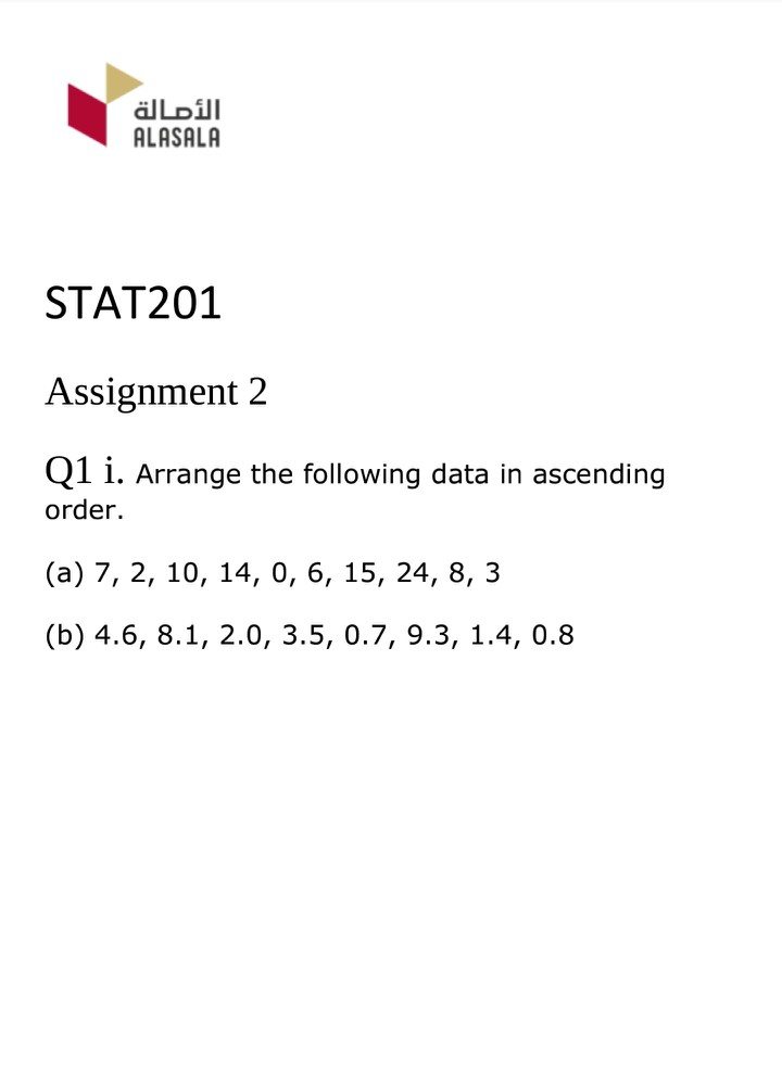 Solved ALASALA STAT201 Assignment 2 Q1 i. Arrange the | Chegg.com