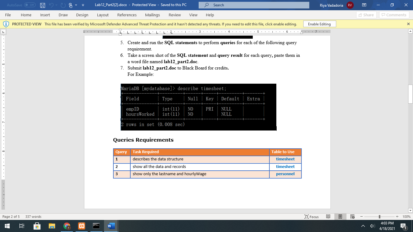 Solved AutoSave H Lab12_Part2(2).docx - Protected View - | Chegg.com