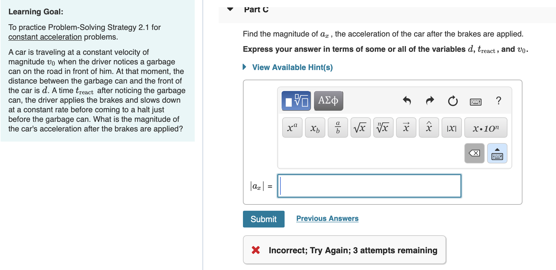 Solved Learning Goal: Part C Find the magnitude of ax , the | Chegg.com