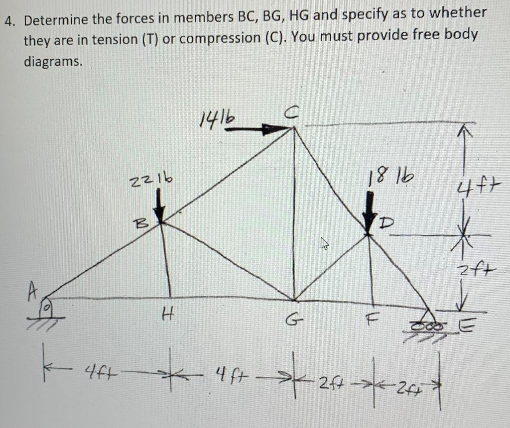 Solved 4. Determine the forces in members BC, BG, HG and | Chegg.com