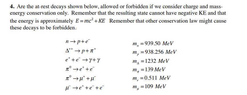 Solved 4. Are the at-rest decays shown below, allowed or | Chegg.com