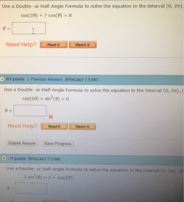 Solved Use double or half angle formula to solve equation in | Chegg.com