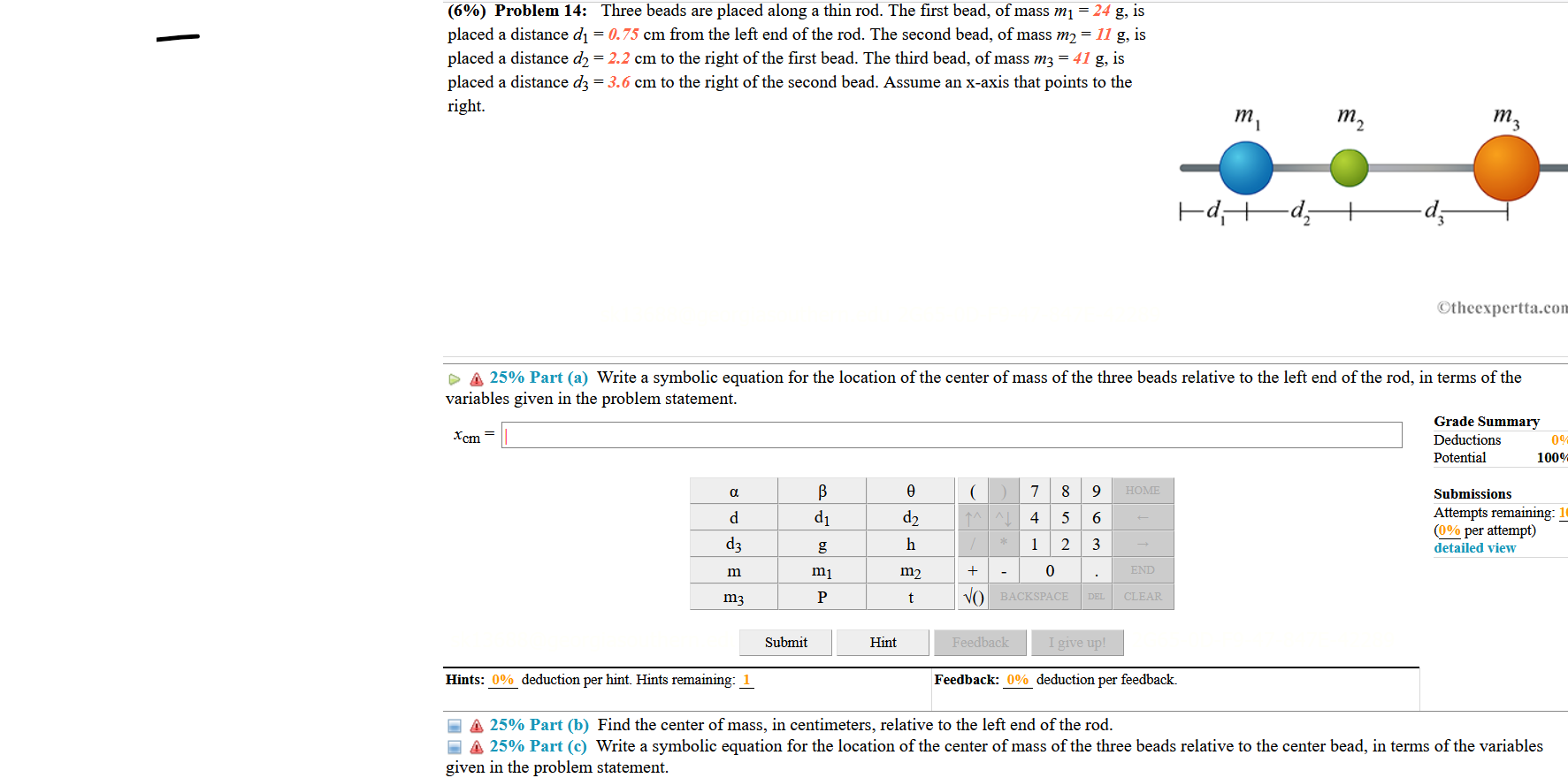 Solved (6\%) Problem 14: Three beads are placed along a thin | Chegg.com