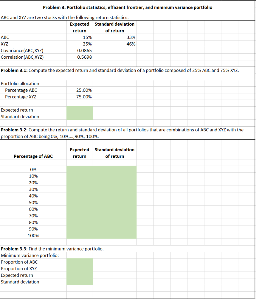 Problem 3. Portfolio statistics, efficient frontier, | Chegg.com
