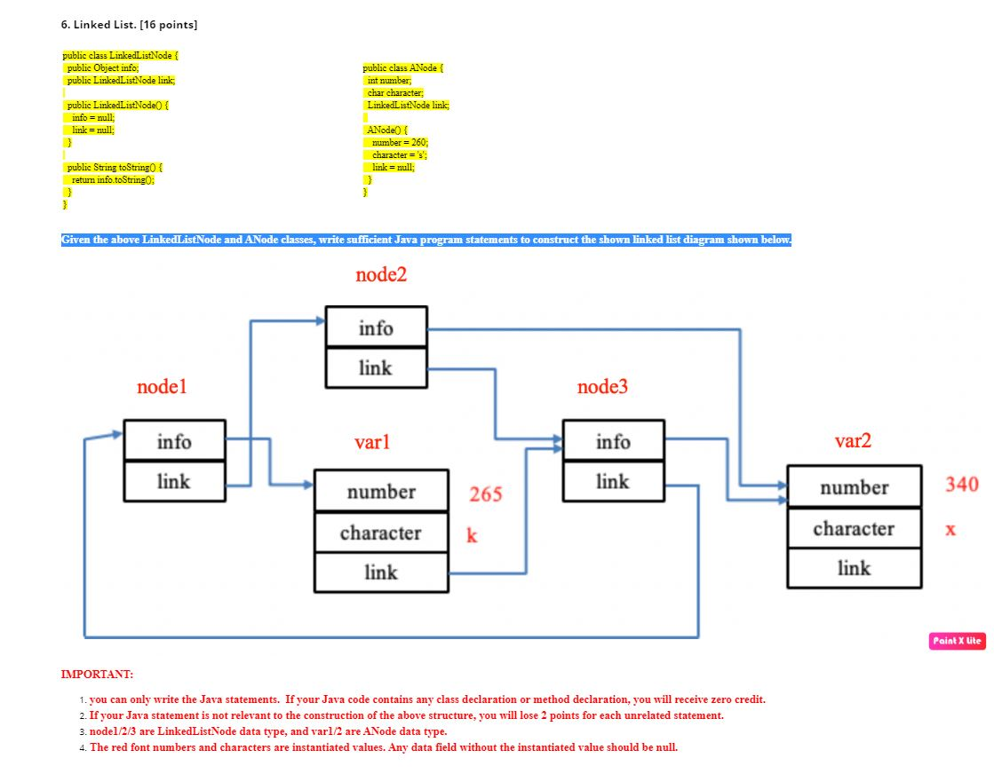 Solved 6. Linked List. [16 points) public class | Chegg.com
