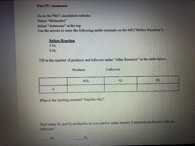 Solved Part IV: Ammonia Go to the PhET simulation website: | Chegg.com