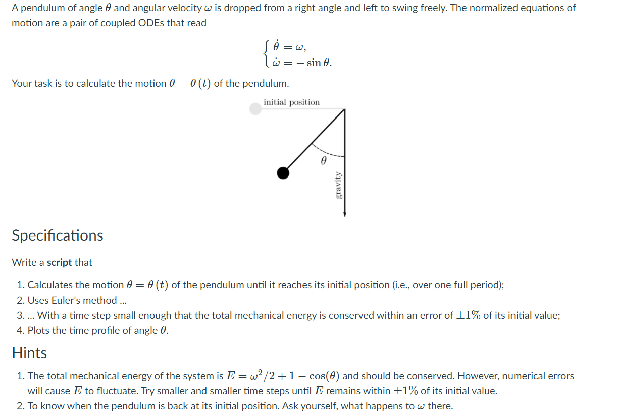 A pendulum of angle 0 and angular velocity w is | Chegg.com