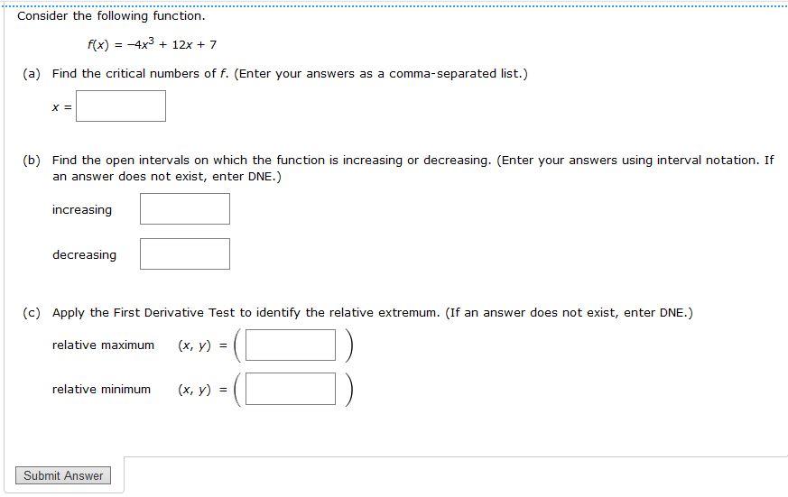 Solved Consider the following function. f(x) = -4x3 + 12x + | Chegg.com