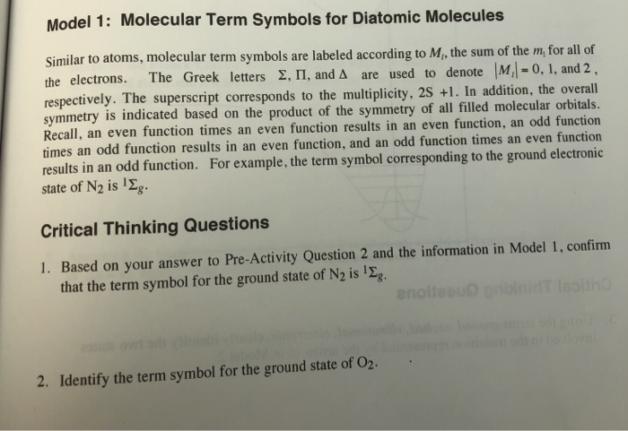 Model 1: Molecular Term Symbols for Diatomic | Chegg.com