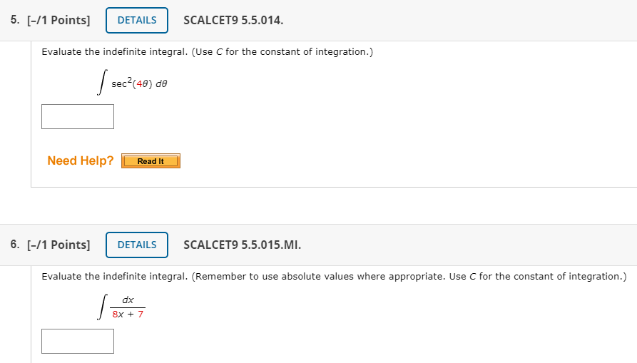 Solved 5. [-/1 Points] DETAILS SCALCET9 5.5.014. Evaluate | Chegg.com