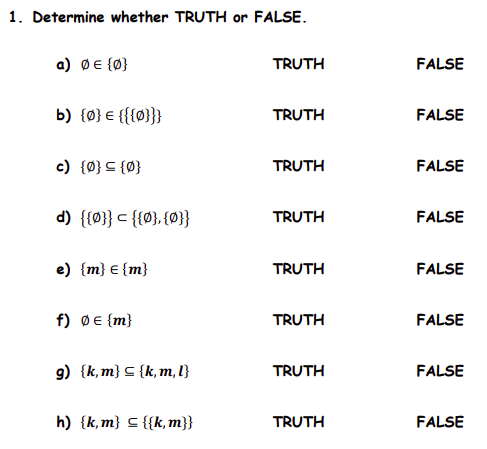 Solved 1. Determine whether TRUTH or FALSE. a) ∅∈{∅} b) | Chegg.com
