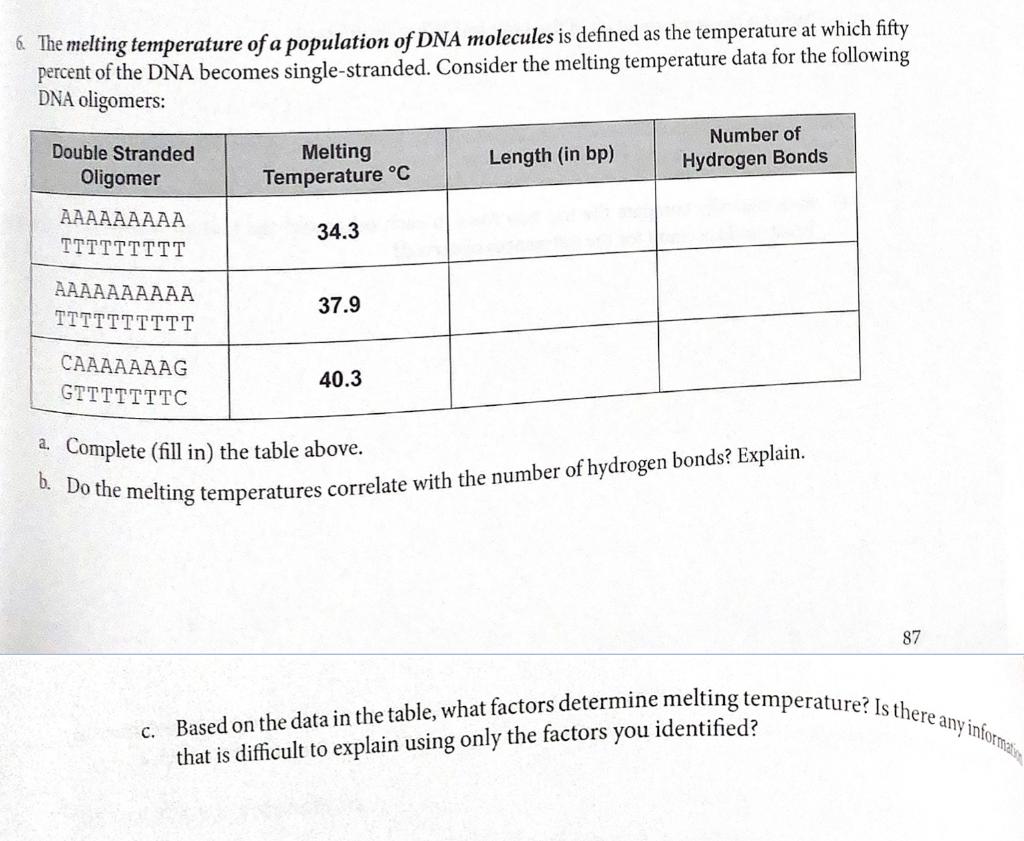 Solved & The melting temperature of a population of DNA | Chegg.com