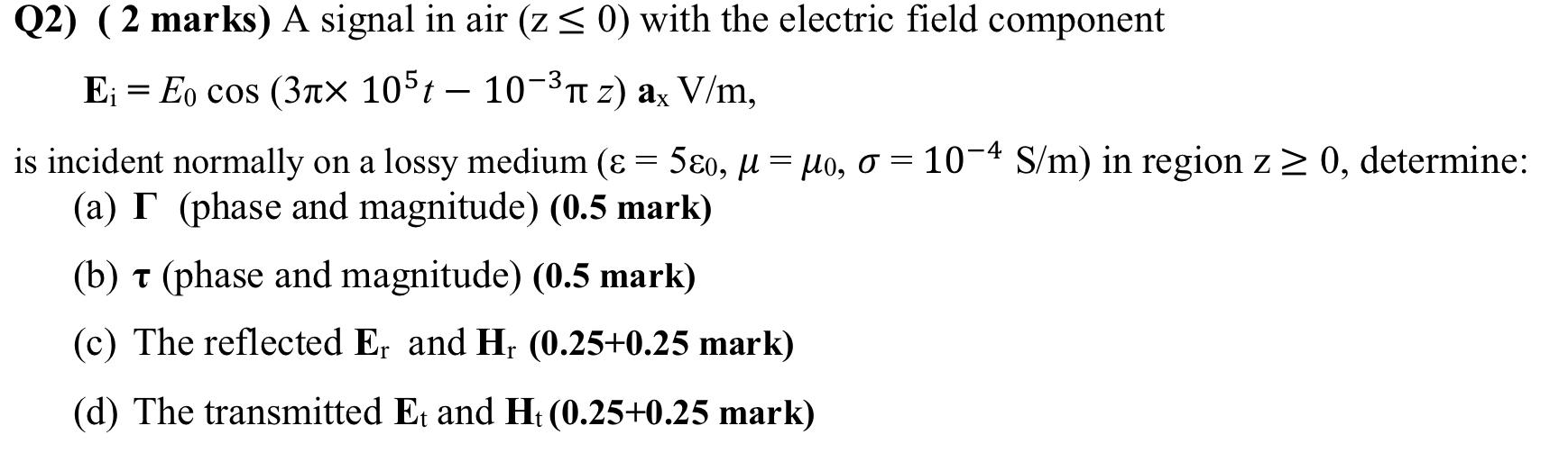 Solved Q2) ( 2 marks) A signal in air (z≤0) with the | Chegg.com