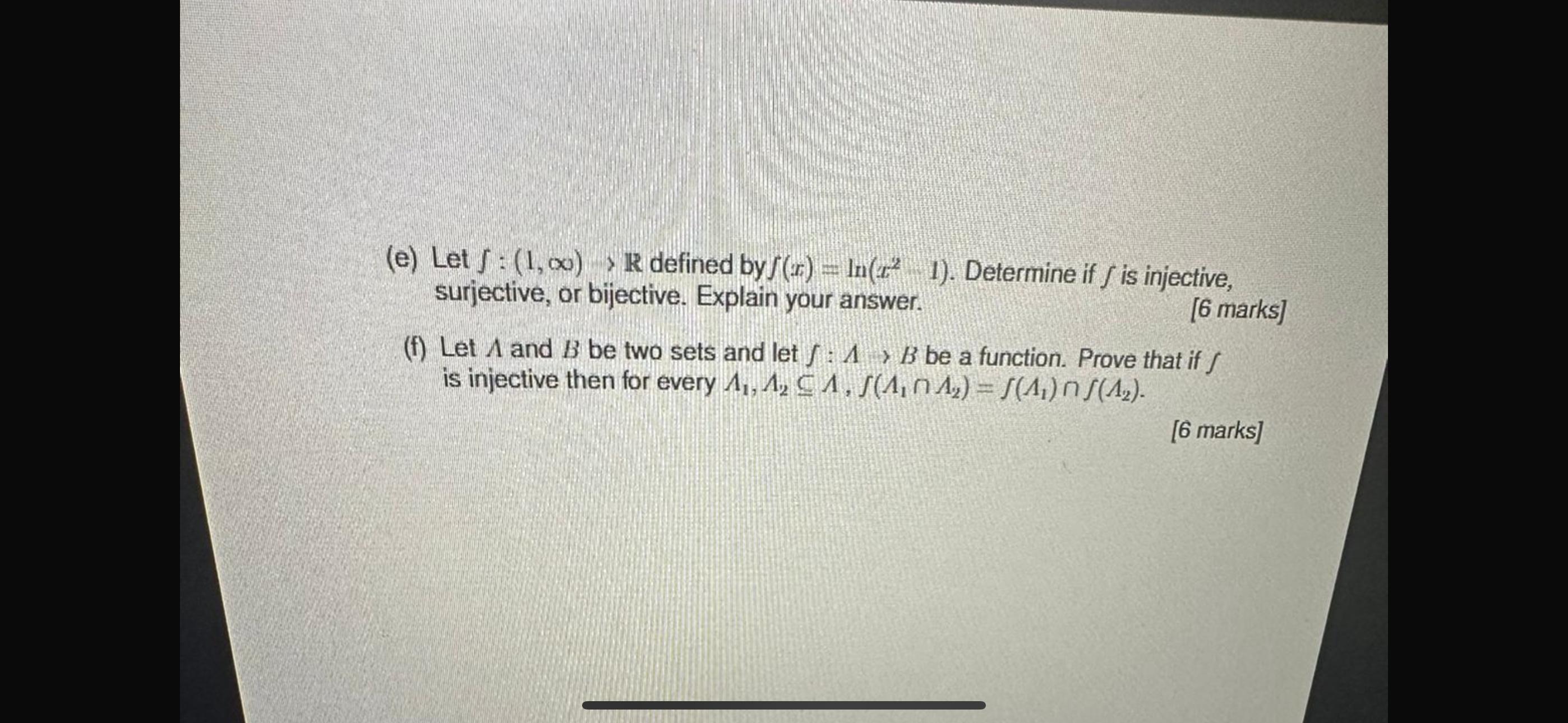 Solved (e) ﻿Let ∫﻿﻿:(1,∞)>R ﻿defined by f(x)=ln(x2-1). | Chegg.com