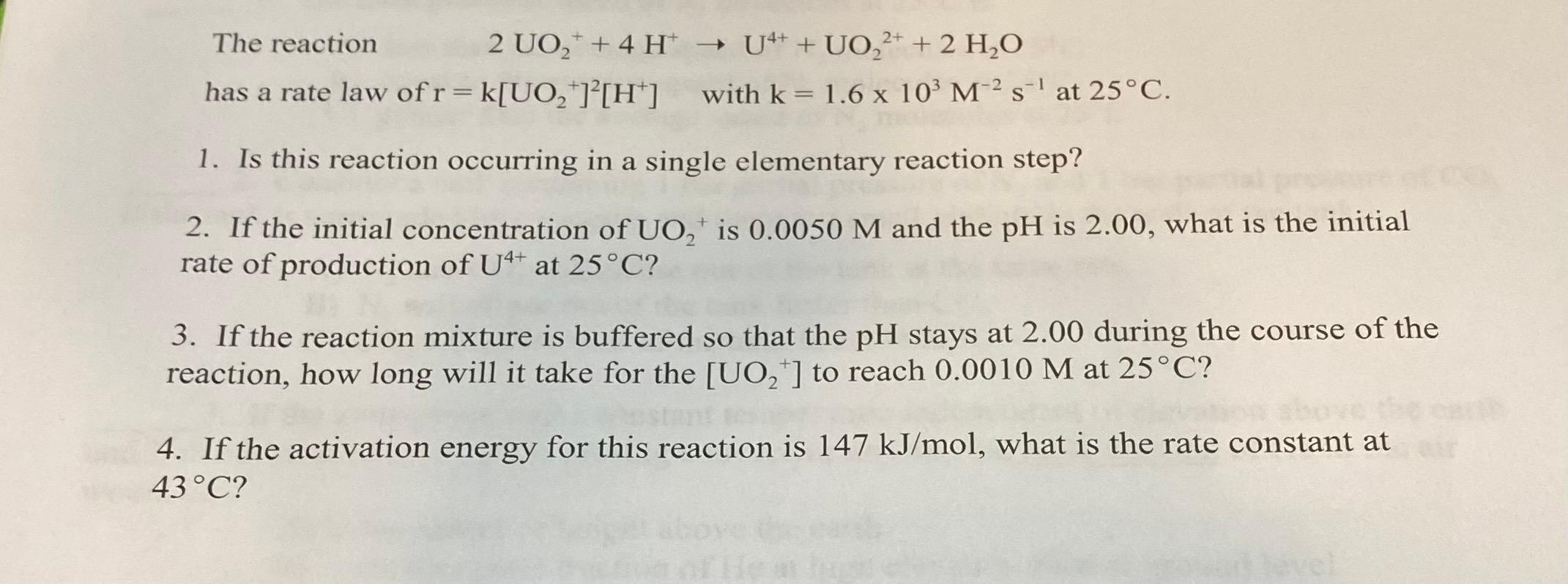 Solved The reaction 2 UO2 + 4H+ U4+ + U0,2+ + 2 H2O has a | Chegg.com