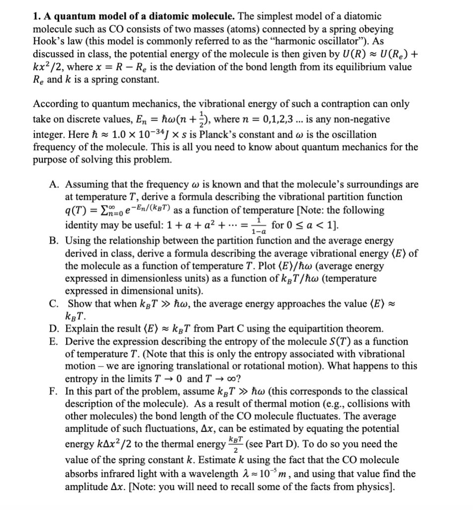 Solved 1. A quantum model of a diatomic molecule. The | Chegg.com