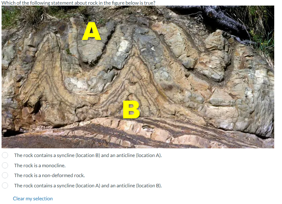 Solved The rock contains a syncline (location B) and an | Chegg.com