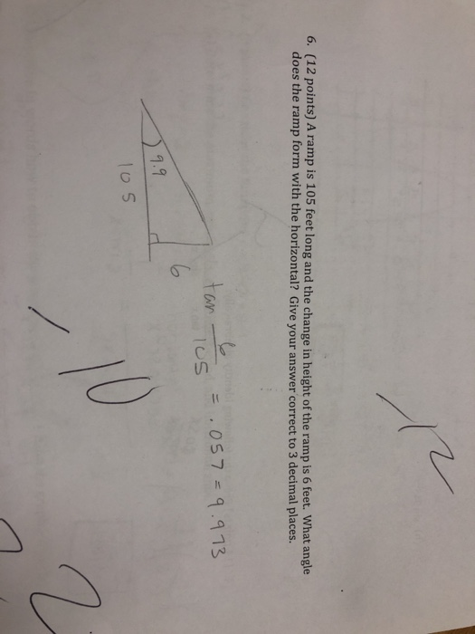 Solved (12 points) A ramp is 105 feet long and the change in | Chegg.com