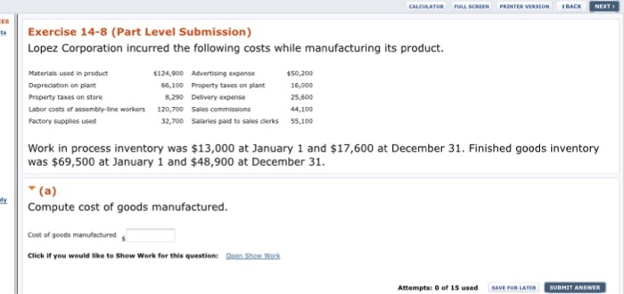 Solved BACK ES Exercise 14-8 (Part Level Submission) Lopez | Chegg.com