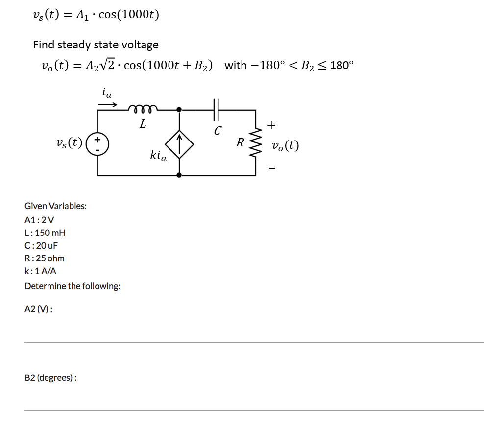 Solved vs(t) = A1 · cos(1000t) Find steady state voltage | Chegg.com