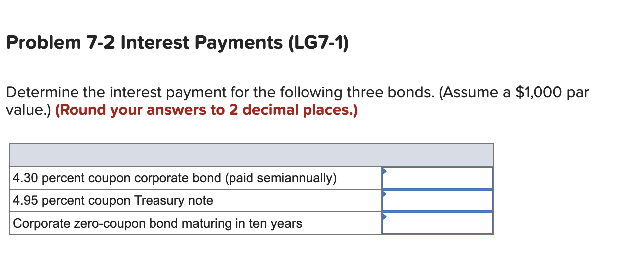Solved Problem 7-2 ﻿Interest Payments (LG7-1)Determine the | Chegg.com