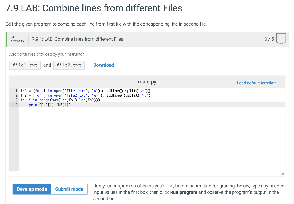 Solved 7.9 LAB: Combine lines from different Files Edit the | Chegg.com