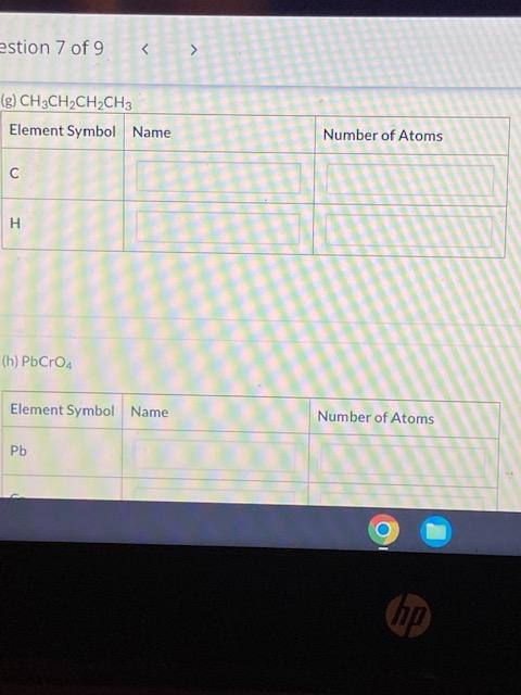 Solved estion 7 of 9 (g) CH3CH₂CH₂CH3 Element Symbol Name C | Chegg.com