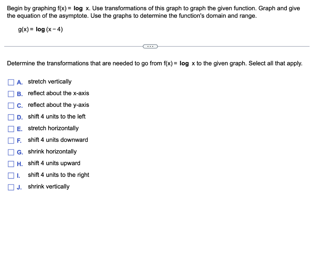 Solved Begin by graphing f(x) = log x. Use transformations | Chegg.com