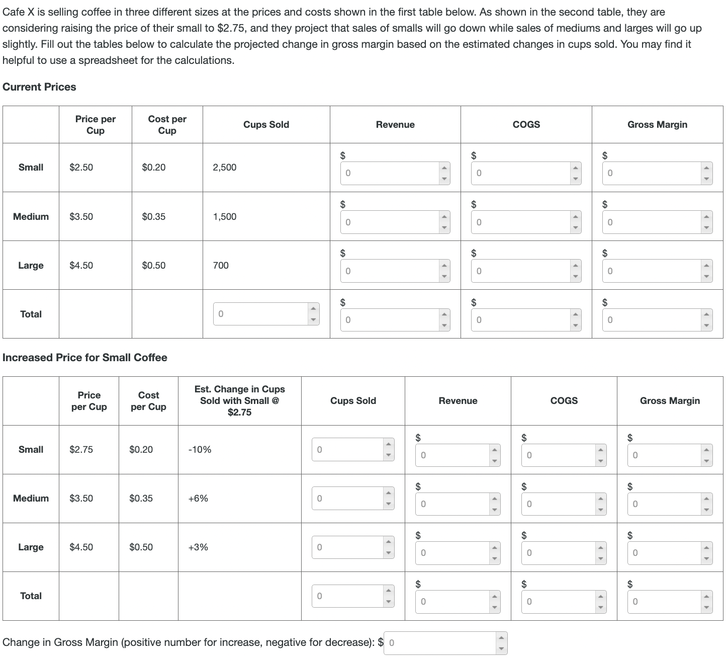 Cafe X is selling coffee in three different sizes at | Chegg.com
