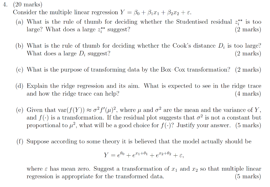 Solved (20 marks) Consider the multiple linear regression | Chegg.com