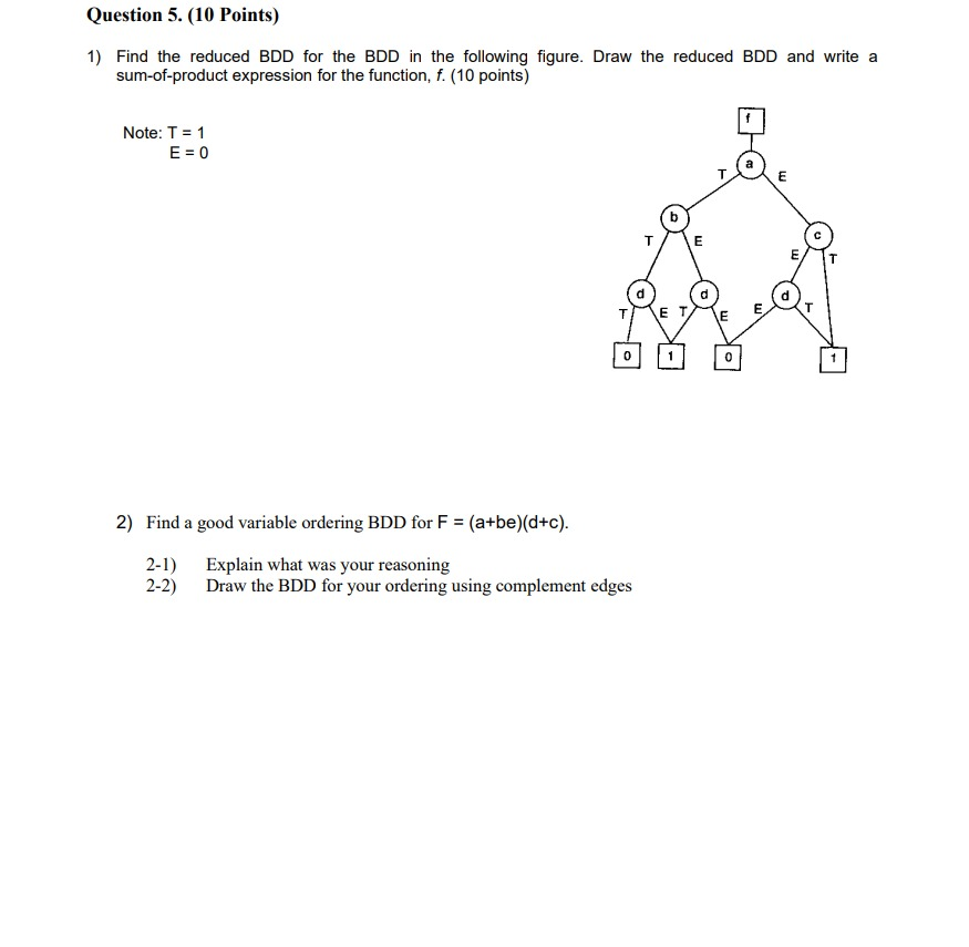 Question 5. (10 Points) 1) Find the reduced BDD for | Chegg.com