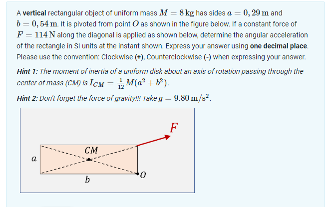 Solved A vertical rectangular object of uniform mass M=8kg | Chegg.com