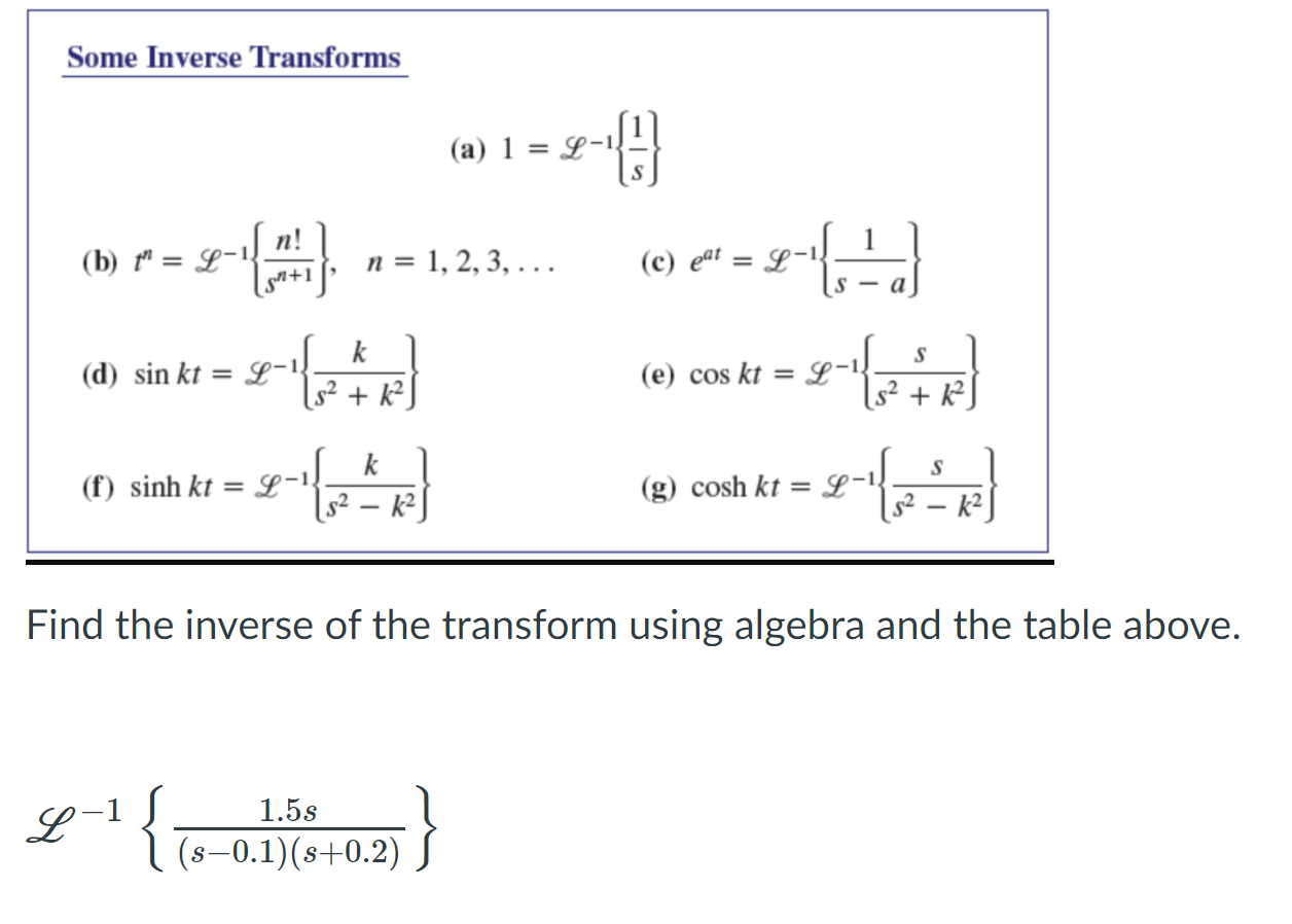 Solved Some Inverse Transforms (a) 1 = L-1 1 n = 1, 2, 3, | Chegg.com
