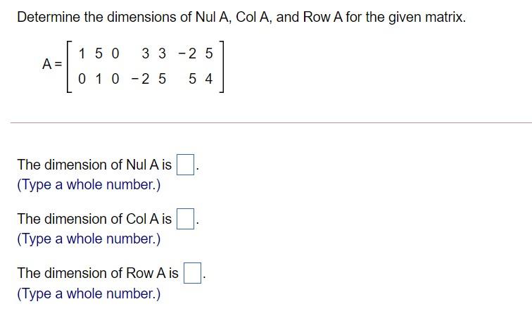 Solved Determine the dimensions of Nul A, Col A, and Row A | Chegg.com