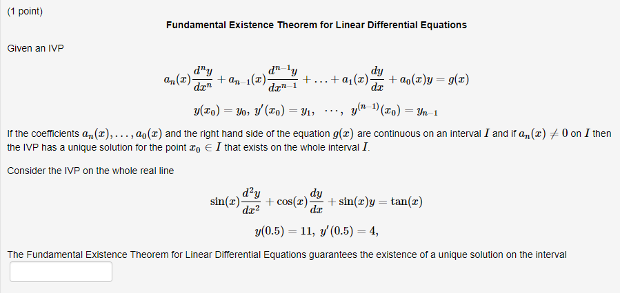 Solved 1 point) Fundamental Existence Theorem for Linear | Chegg.com