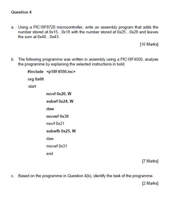 Solved a. Using a PIC18F8720 microcontroller, write an | Chegg.com