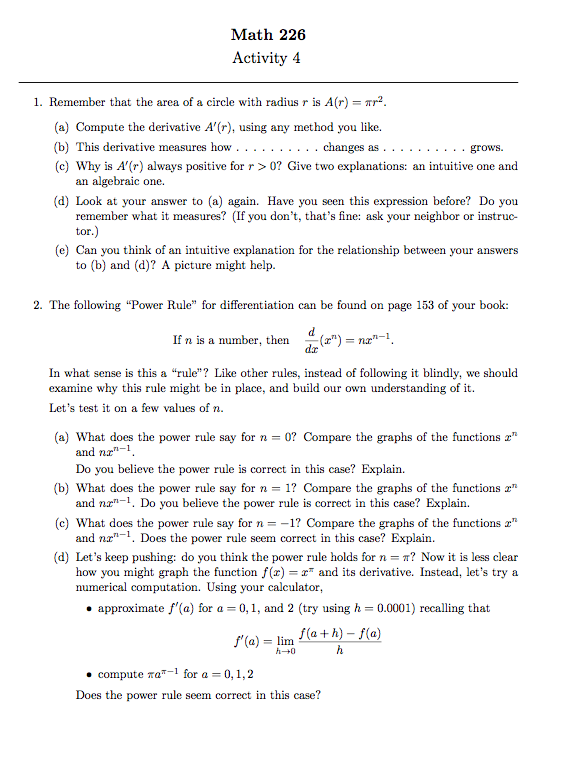 Solved Math 226 Activity 4 1. Remember that the area of a | Chegg.com