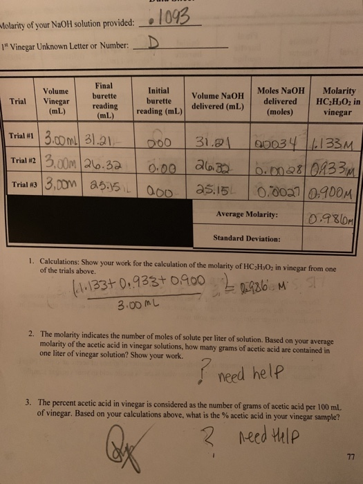 Solved Molarity of your NaOH solution provided: Vinegar | Chegg.com