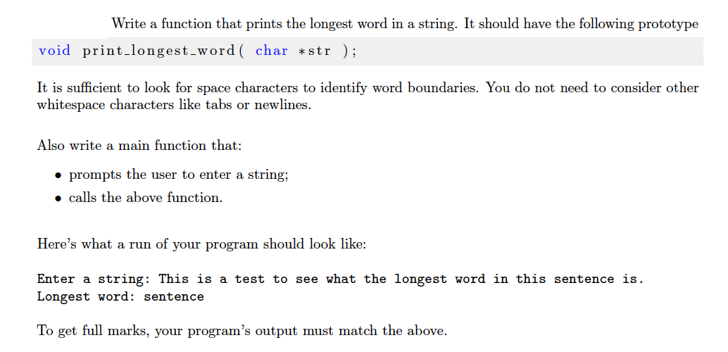 Write a function that prints the longest word in a | Chegg.com