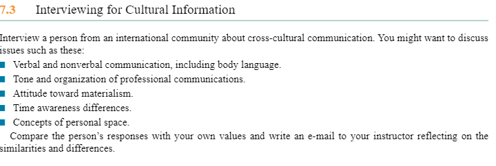 Solved 7.3 Interviewing for Cultural Information Interview a | Chegg.com