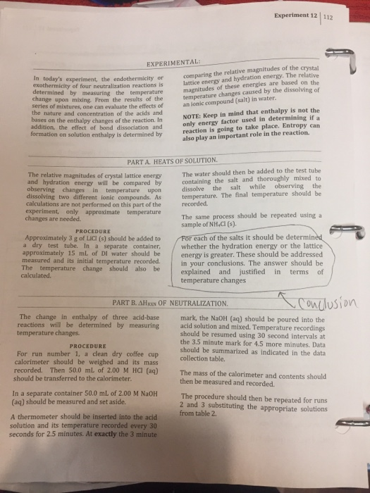 EXPERIMENT 12: THERMOCHEMISTRY ECTIVES: To determine | Chegg.com
