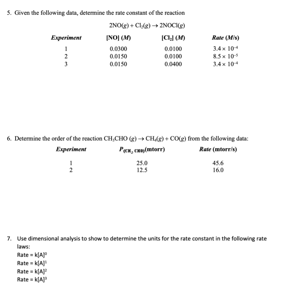 Solved 5. Given the following data, determine the rate | Chegg.com
