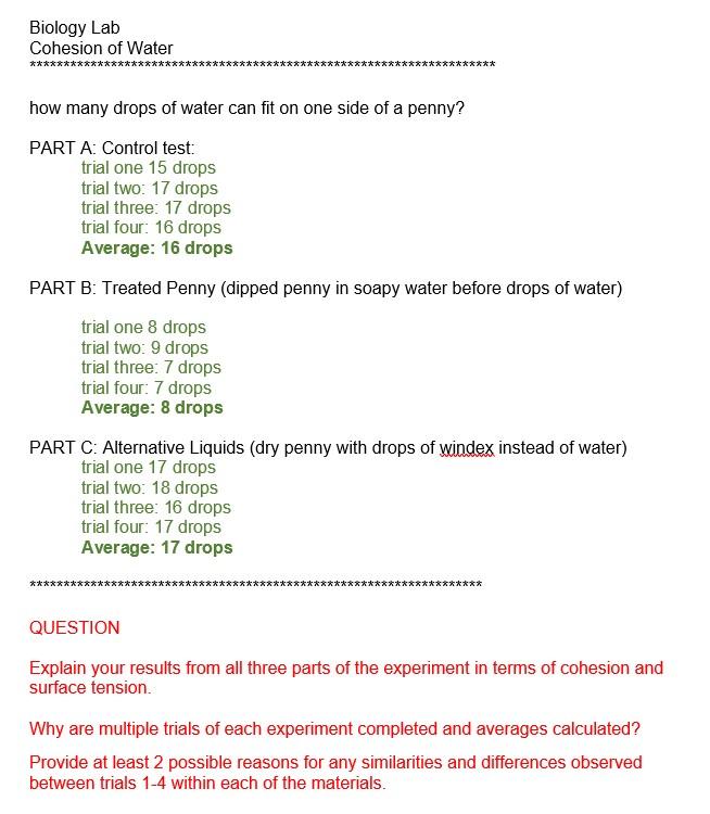 Solved Biology Lab Cohesion of Water ***** ********* how | Chegg.com