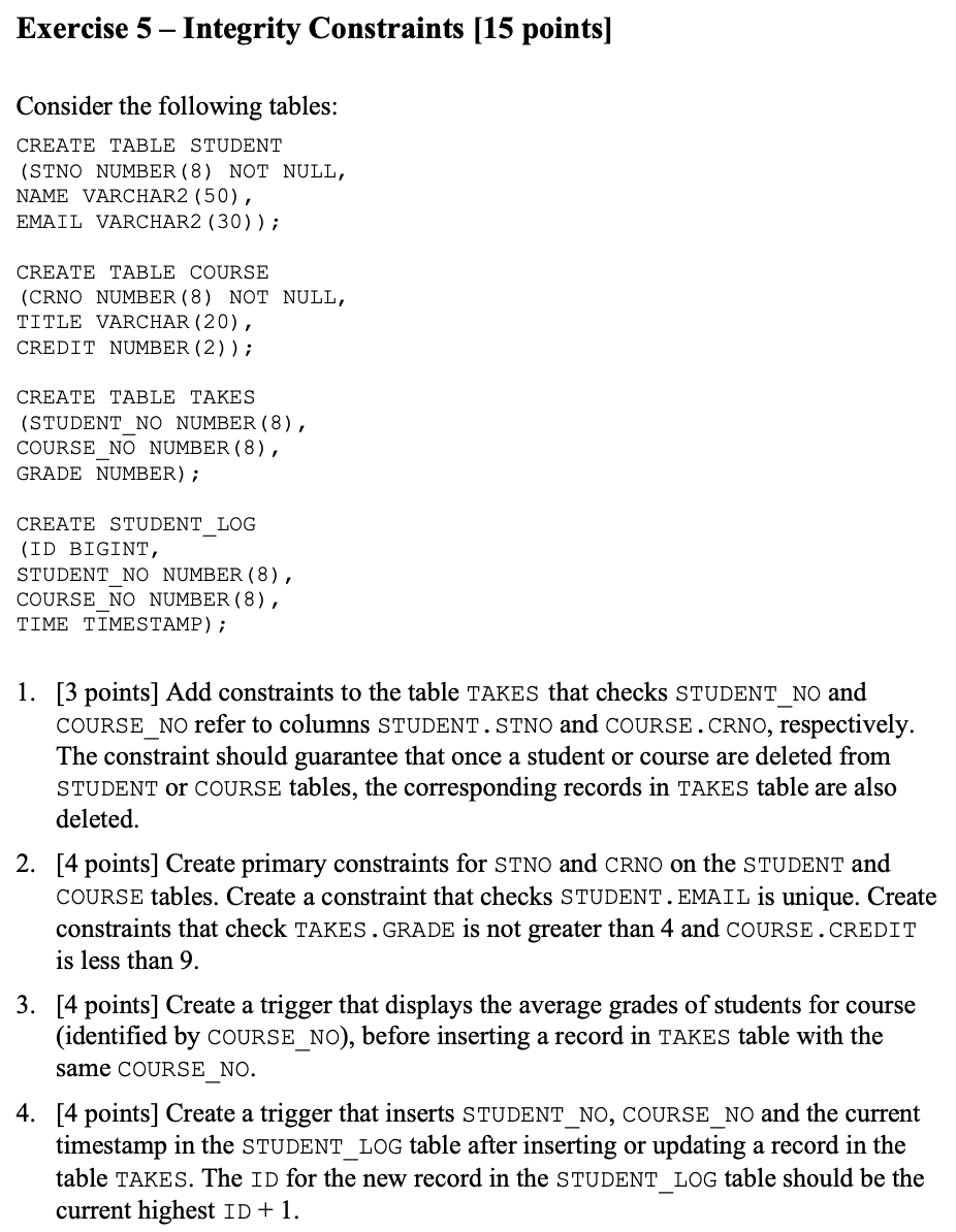 Solved Exercise 5 - Integrity Constraints (15 points] | Chegg.com