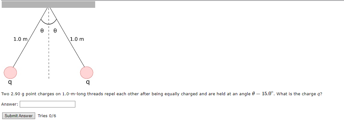 Solved Wwo 2.90 g point charges on 1.0−m-long threads repel | Chegg.com