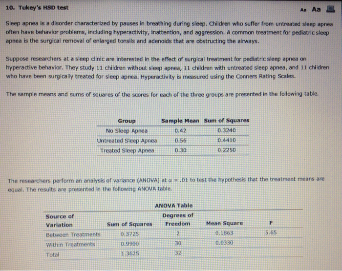 Solved 10. Tukey's HSD test Aa Aa Sleep apnea is a disorder | Chegg.com