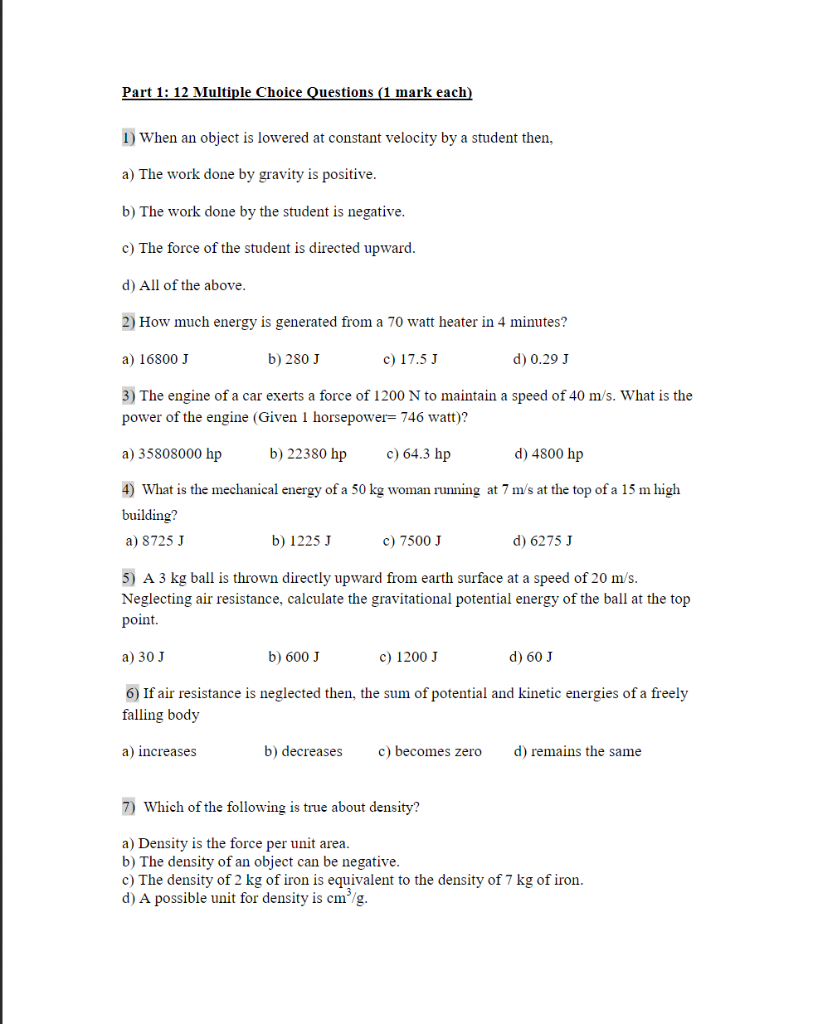 Solved Part 1: 12 Multiple Choice Questions (1 mark each 1) | Chegg.com
